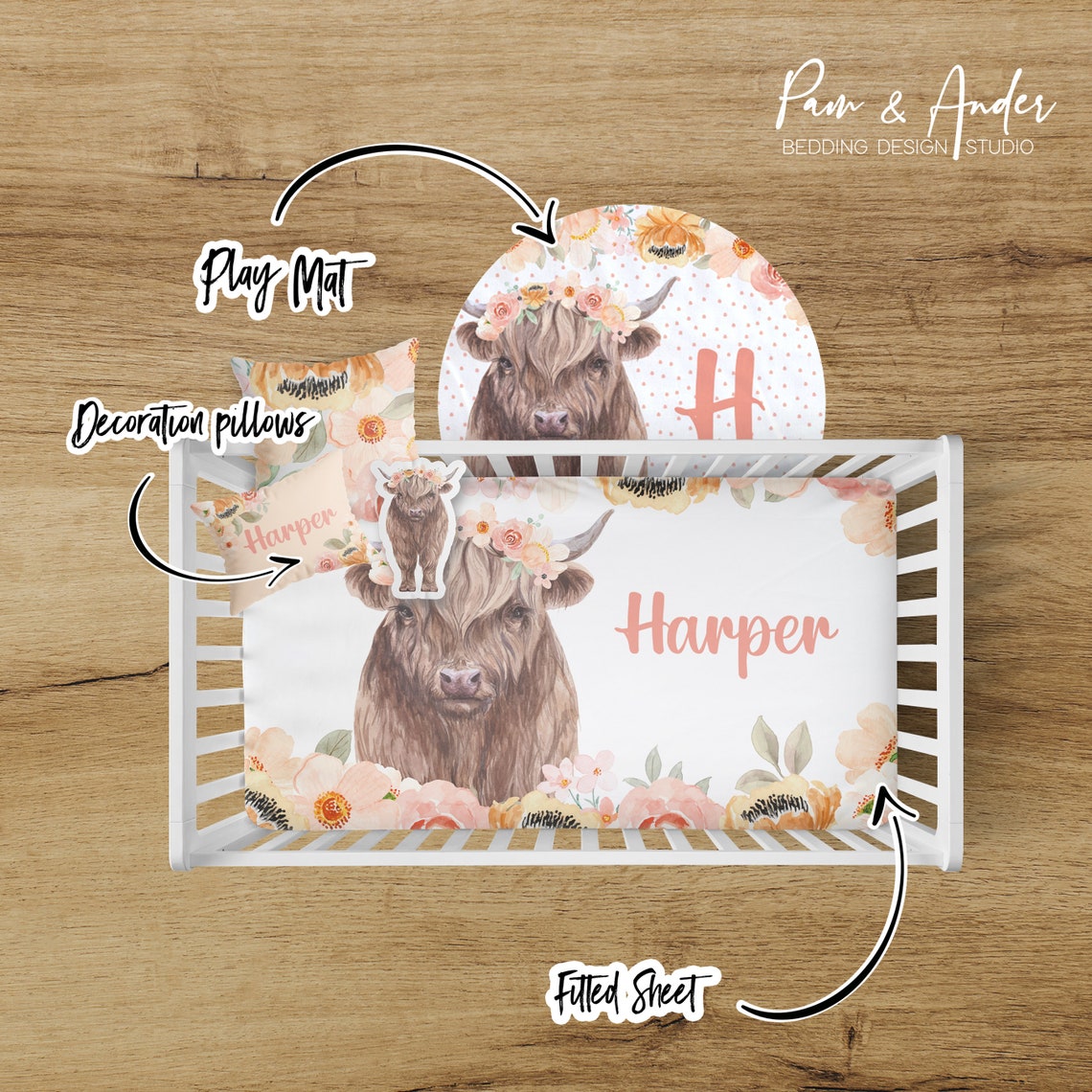 Baby Girl Crib Bedding Set Highland Cow Crib Bedding - Etsy