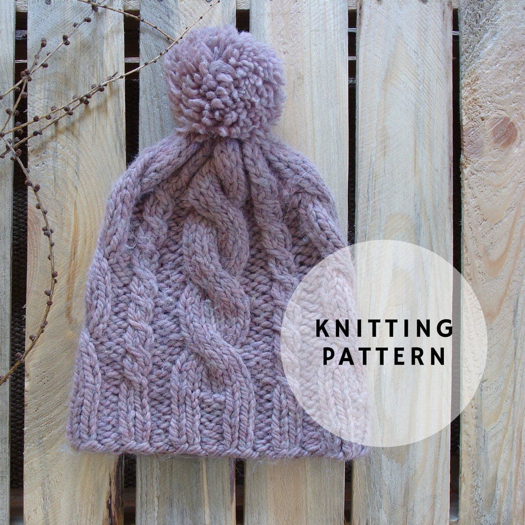 Chunky Cable Knit Hat Pattern, Knitted Beanie Pattern With Pompom ...