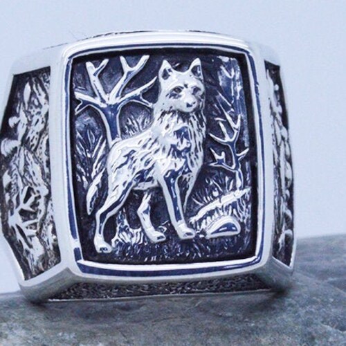 Men's Wolf Ring With Wilderness Scenery Ring in Sterling | Etsy