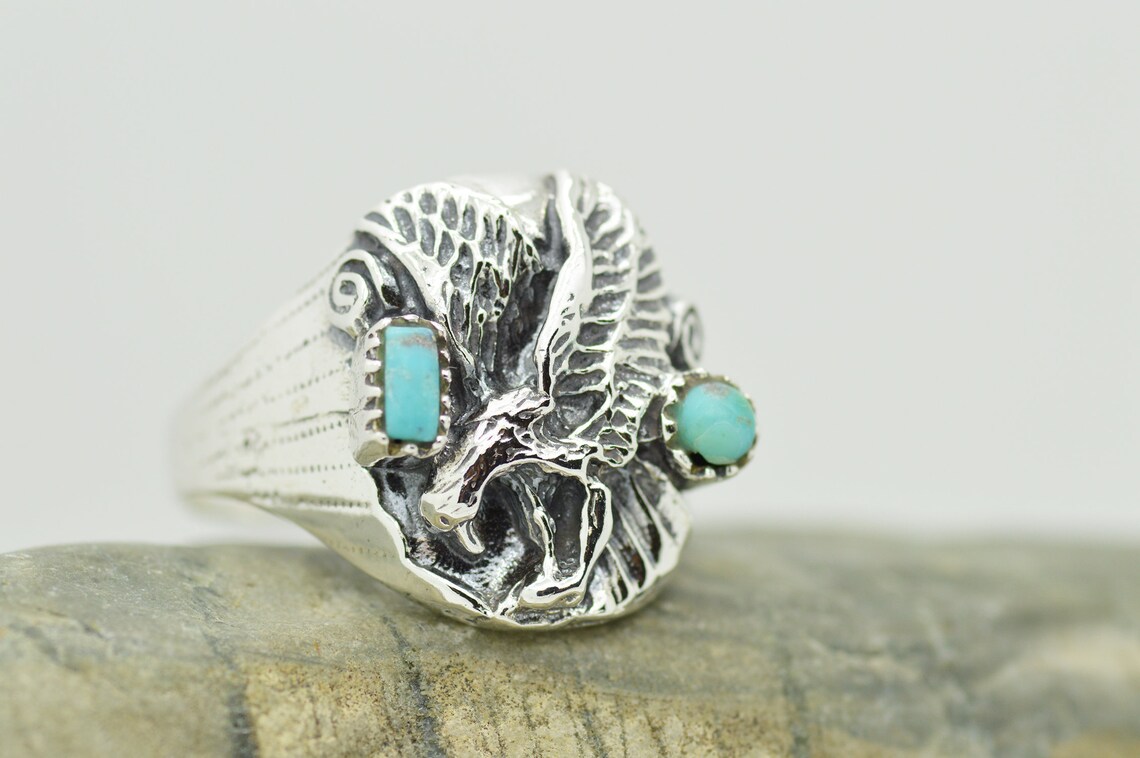 Genuine Turquoise Eagle Mens Ring in Sterling Silver 925 - Etsy