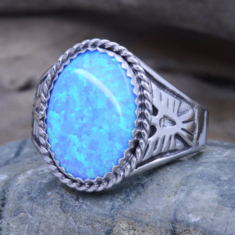 Light Blue Opal Ring in Sterling Silver 925 Eagle Ring Shank Handmade ...