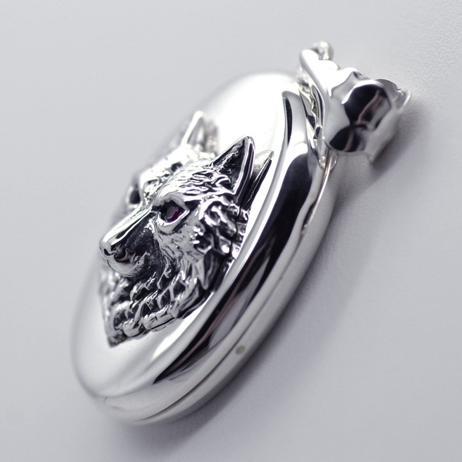 Wolf Head Locket Pendant in Sterling Silver 925 Inlaid With Red Ruby ...