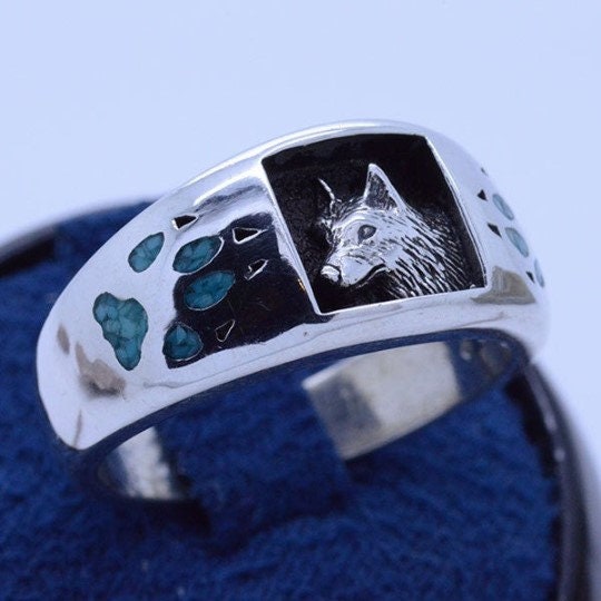 Wolf ring in Sterling Silver 925 with Turquoise inlay | Etsy