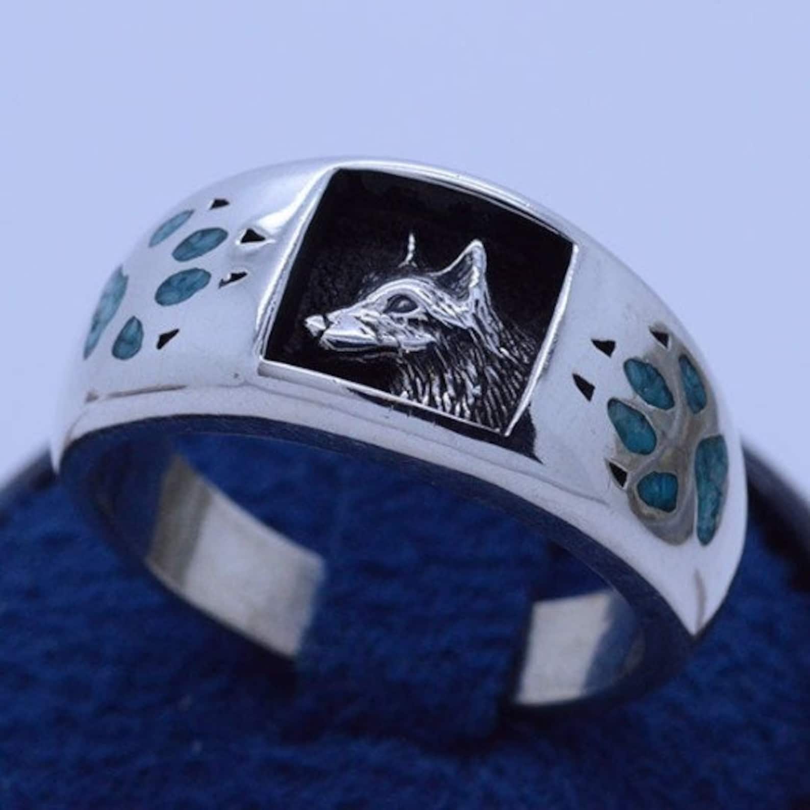 Wolf ring in Sterling Silver 925 with Turquoise inlay | Etsy