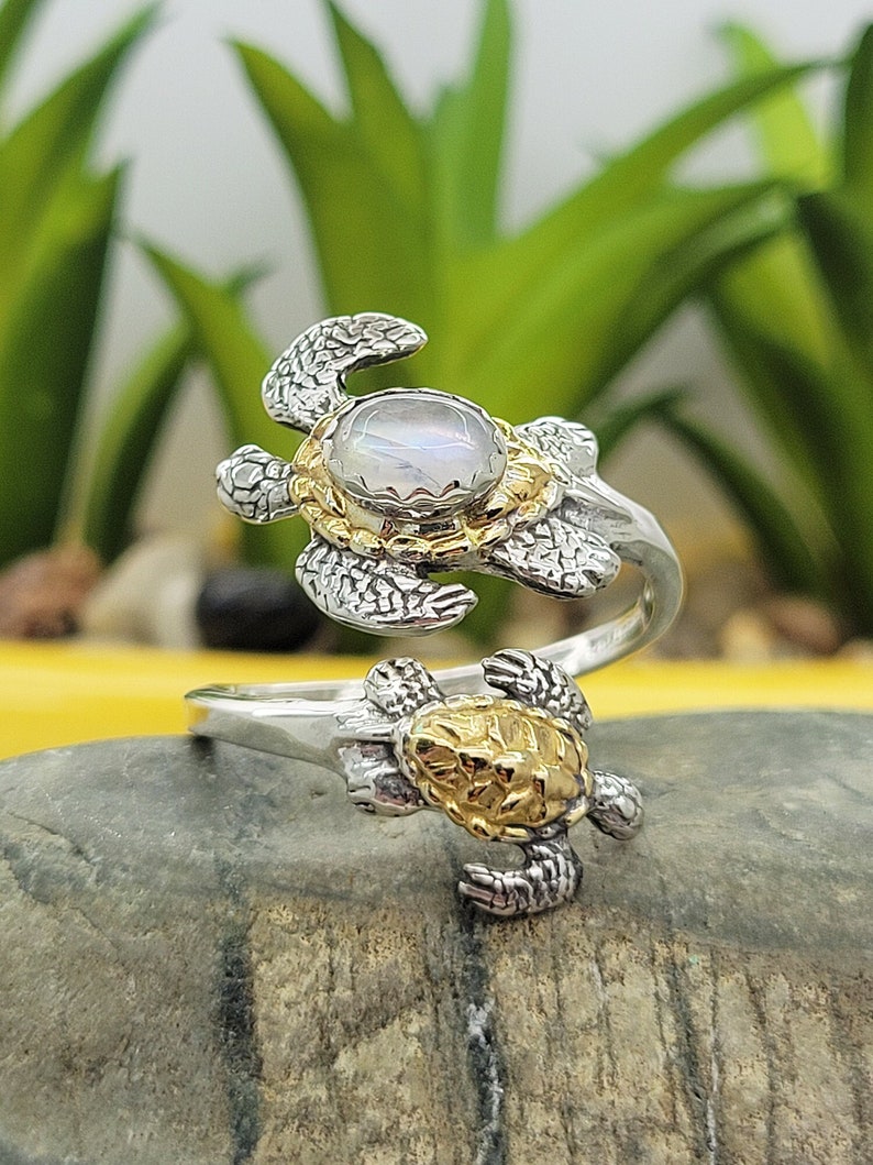 14K Gold and Silver Sea Turtles Adjustable Spoon Ring With - Etsy