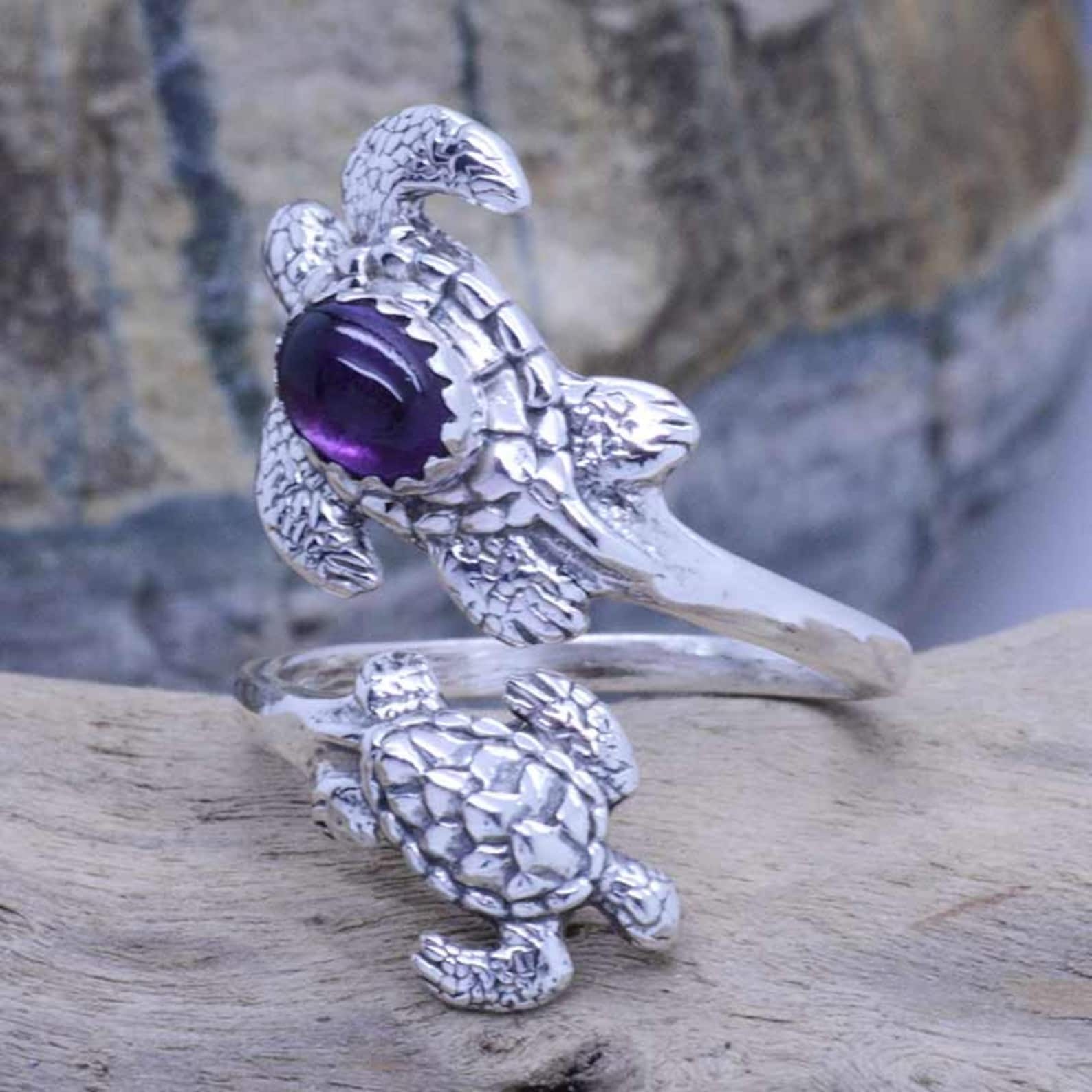 Sea Turtles Adjustable Spoon Ring With Genuine Gemstone of Your Choice ...