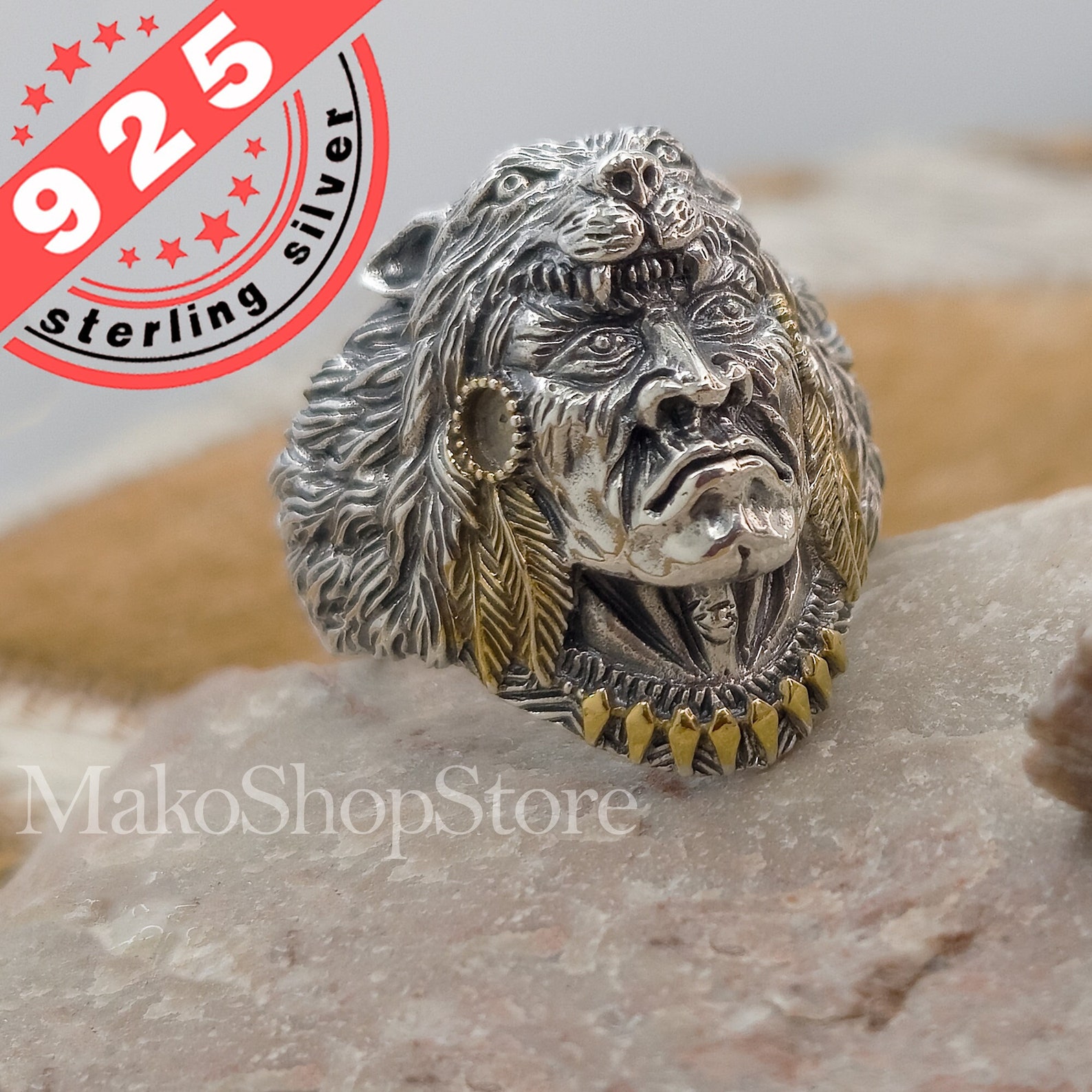 Native American Chief Ring in Sterling Silver 925 and 10k Gold Fillings ...
