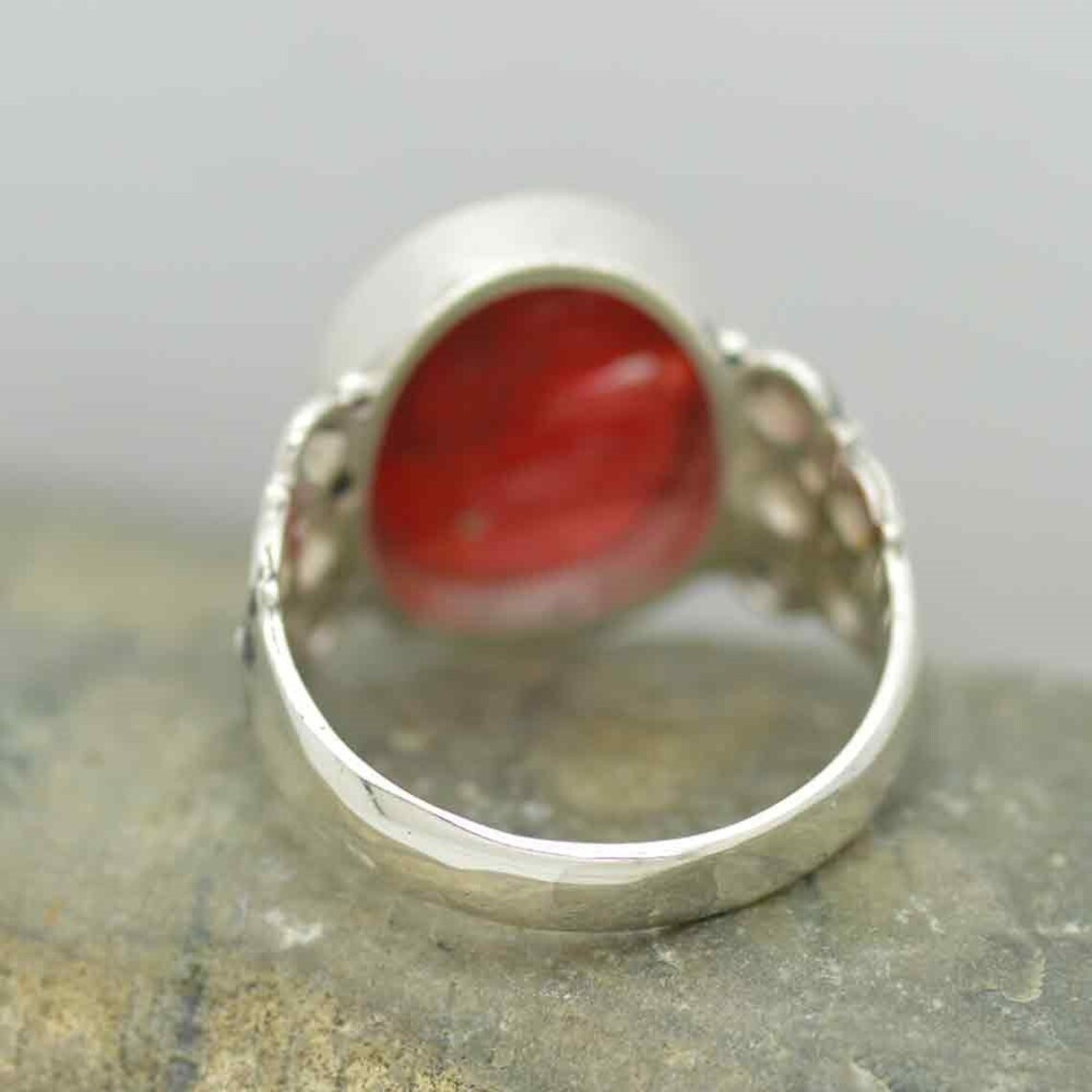 Genuine Red Coral inlay Ring in Sterling Silver 925 | Etsy