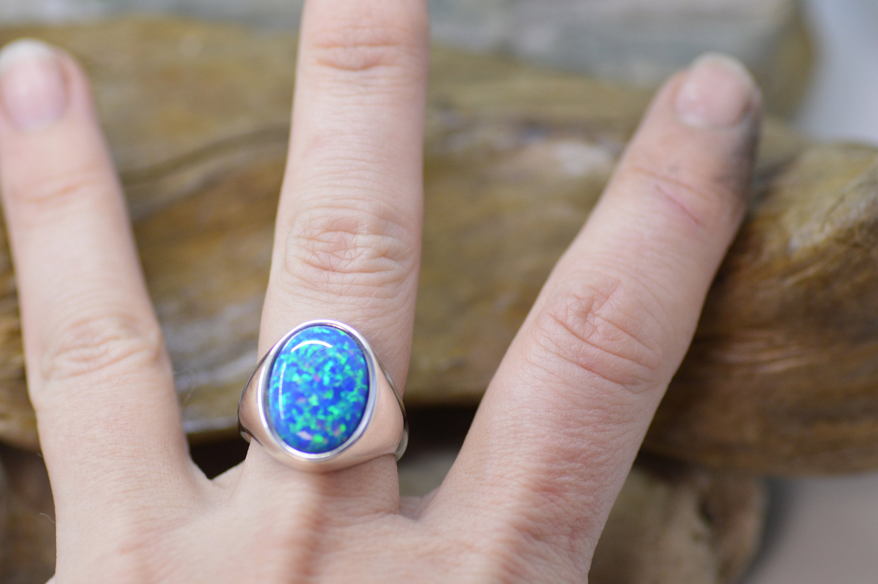 Inlay Blue Fire Opal Ring in Sterling Silver 925 Ring Plain | Etsy