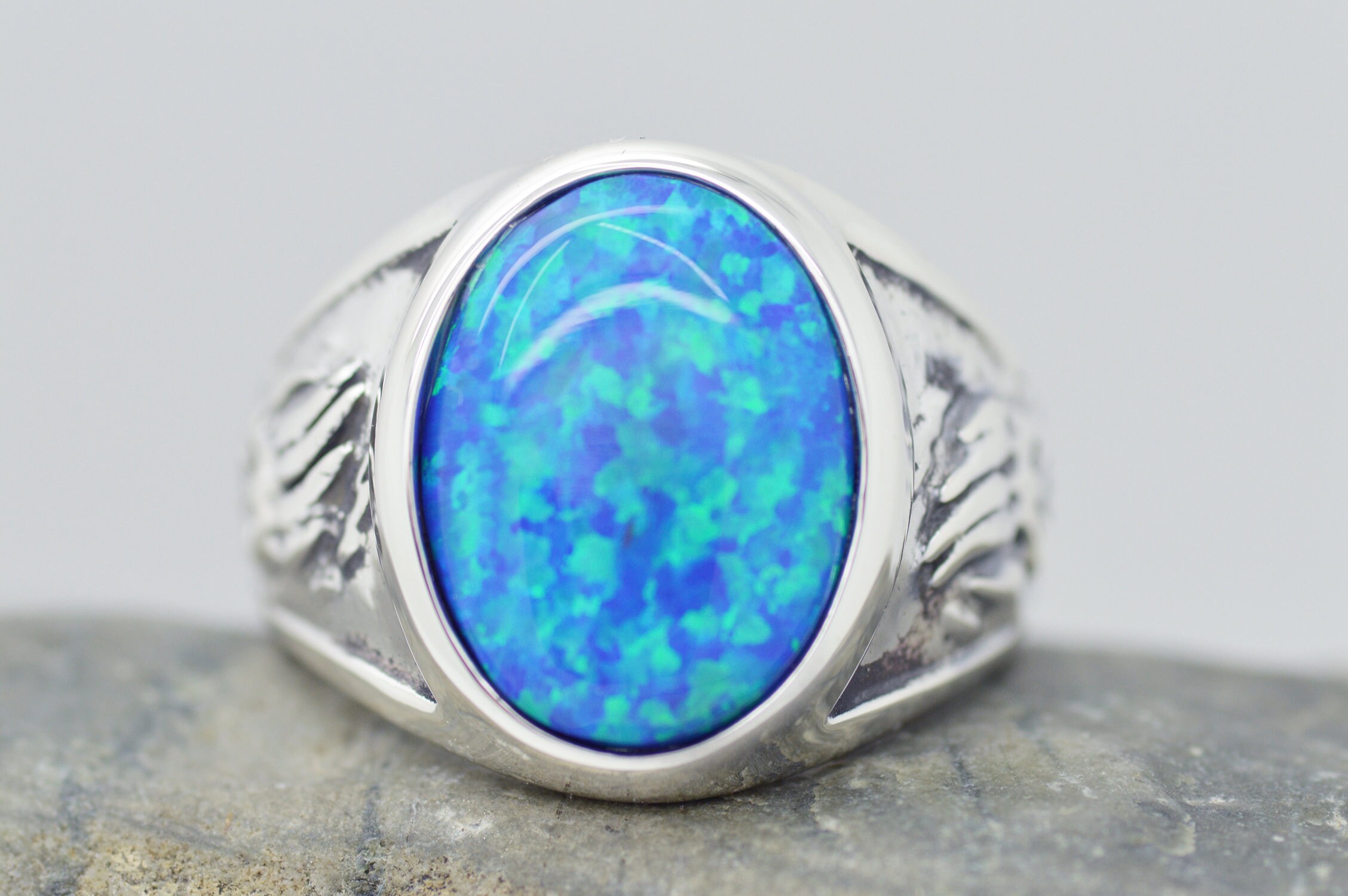 Inlay Blue Fire Opal Ring in Sterling Silver 925 Bear Paw Ring | Etsy