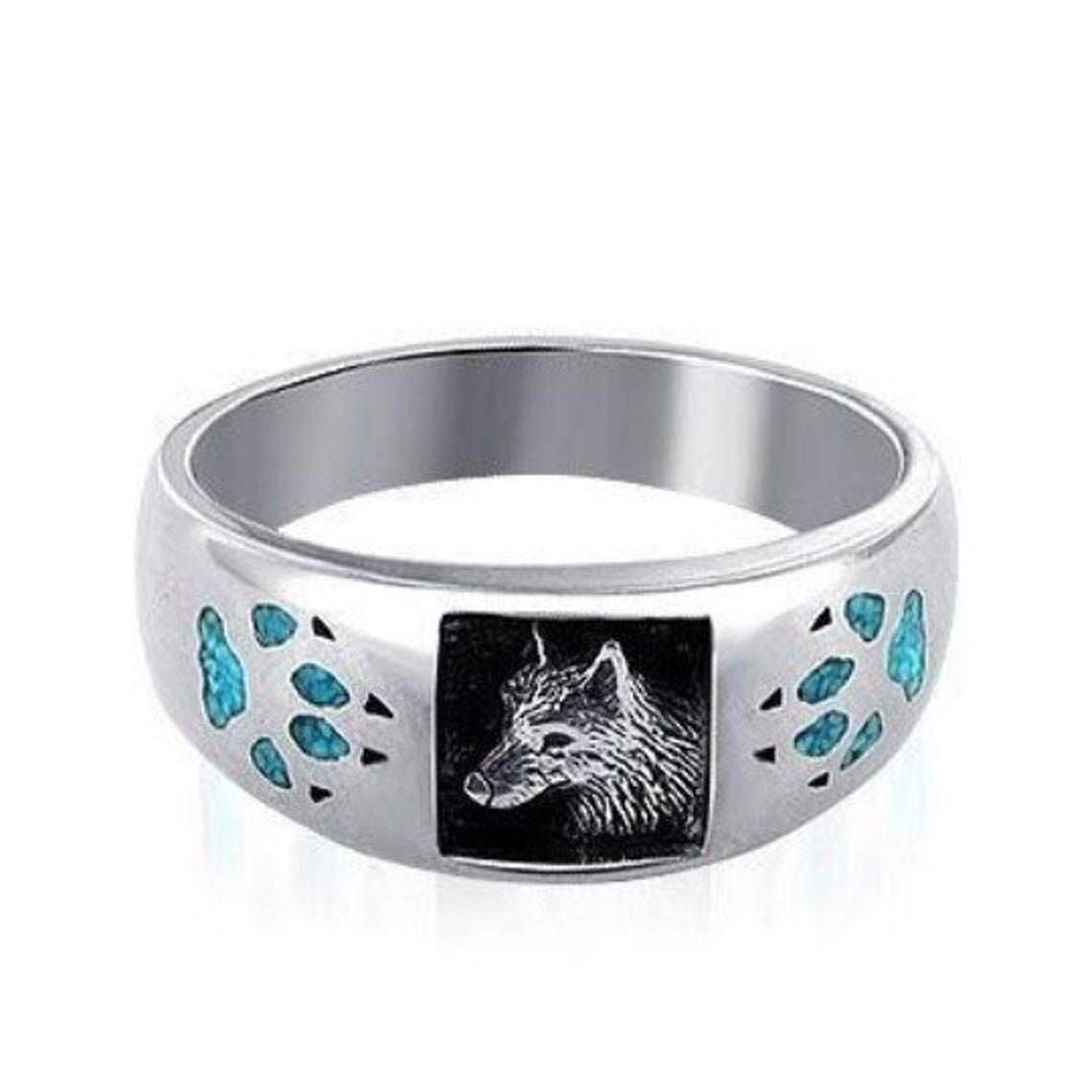 Wolf Ring in Sterling Silver 925 With Turquoise Inlay - Etsy Canada