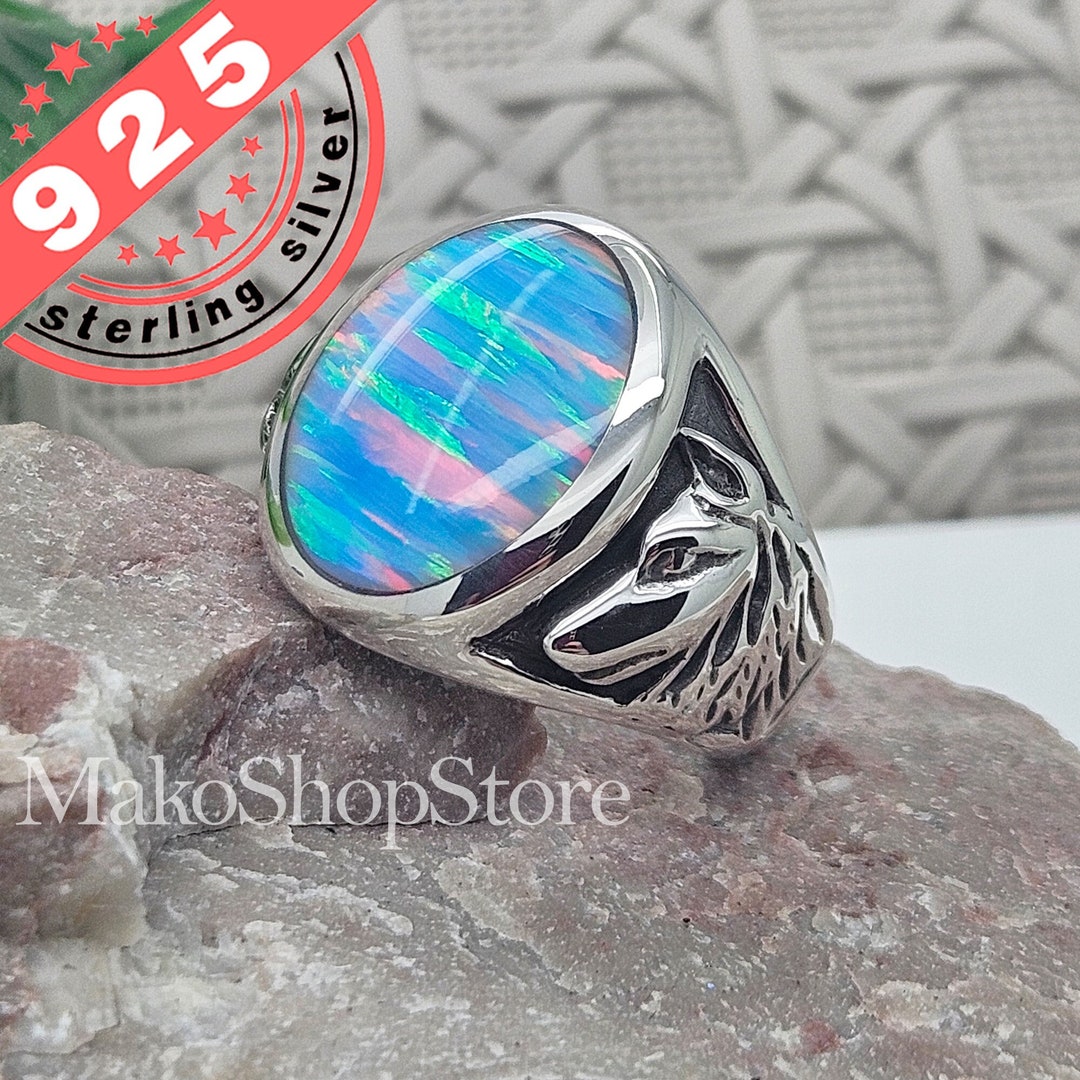 Wolf Heads Inlaid Blue Fire Opal Ring in Sterling Silver 925 Handmade ...