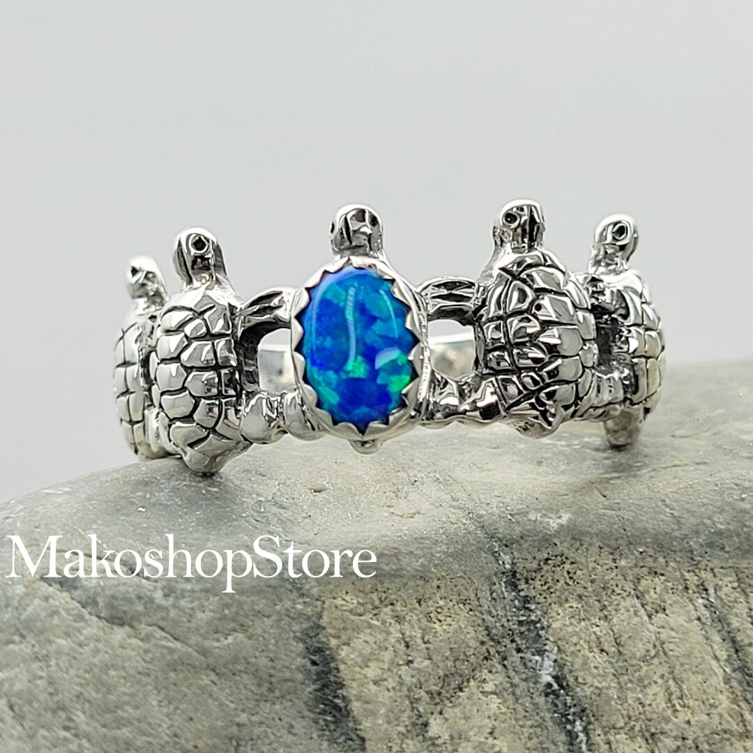 Five Turtles Band Ring Sterling Silver 925 With Blue Fire Opal Gemstone ...