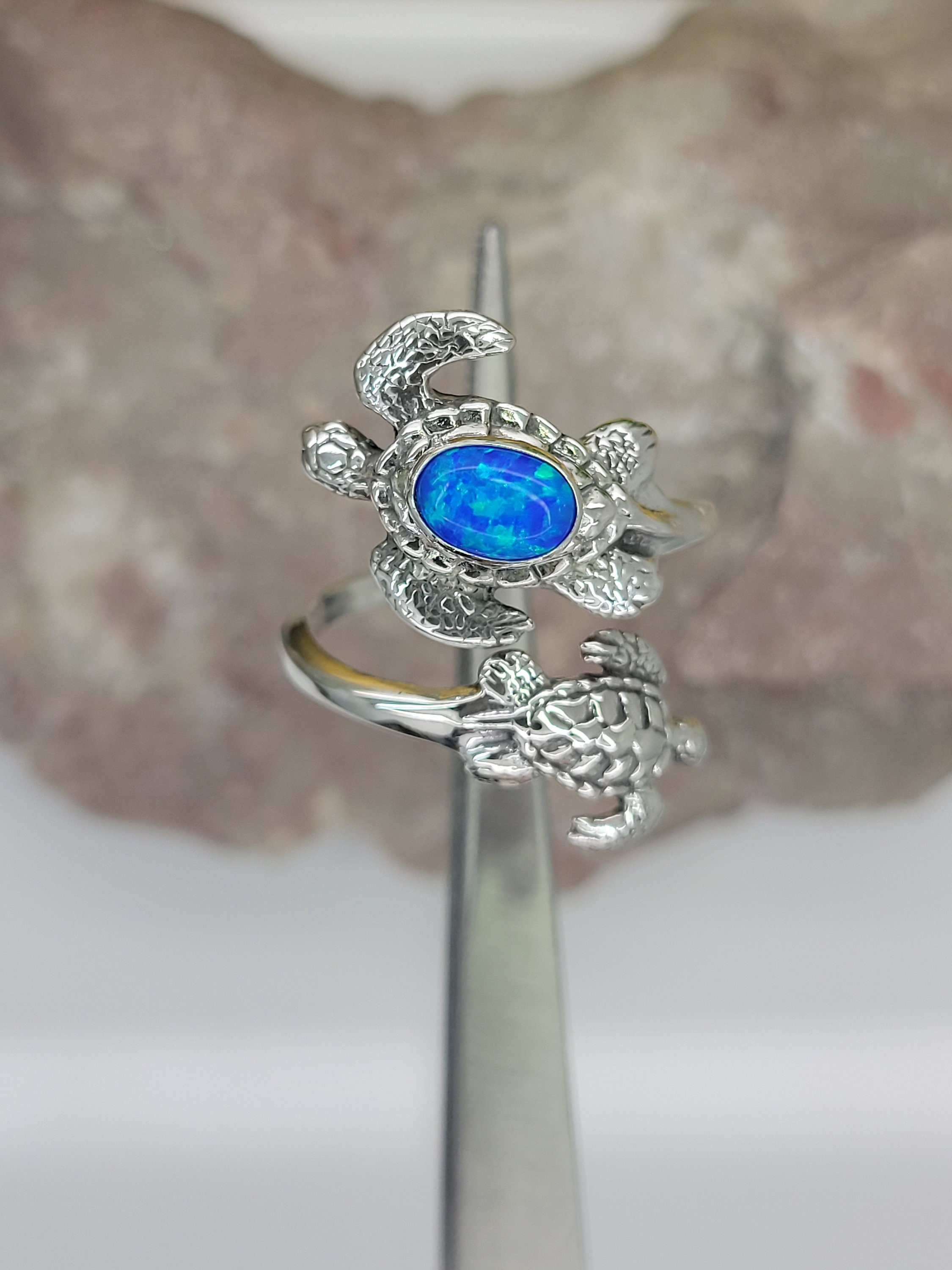 Sea Turtles Adjustable Spoon Ring With Blue Opal for Ladies in Sterling ...