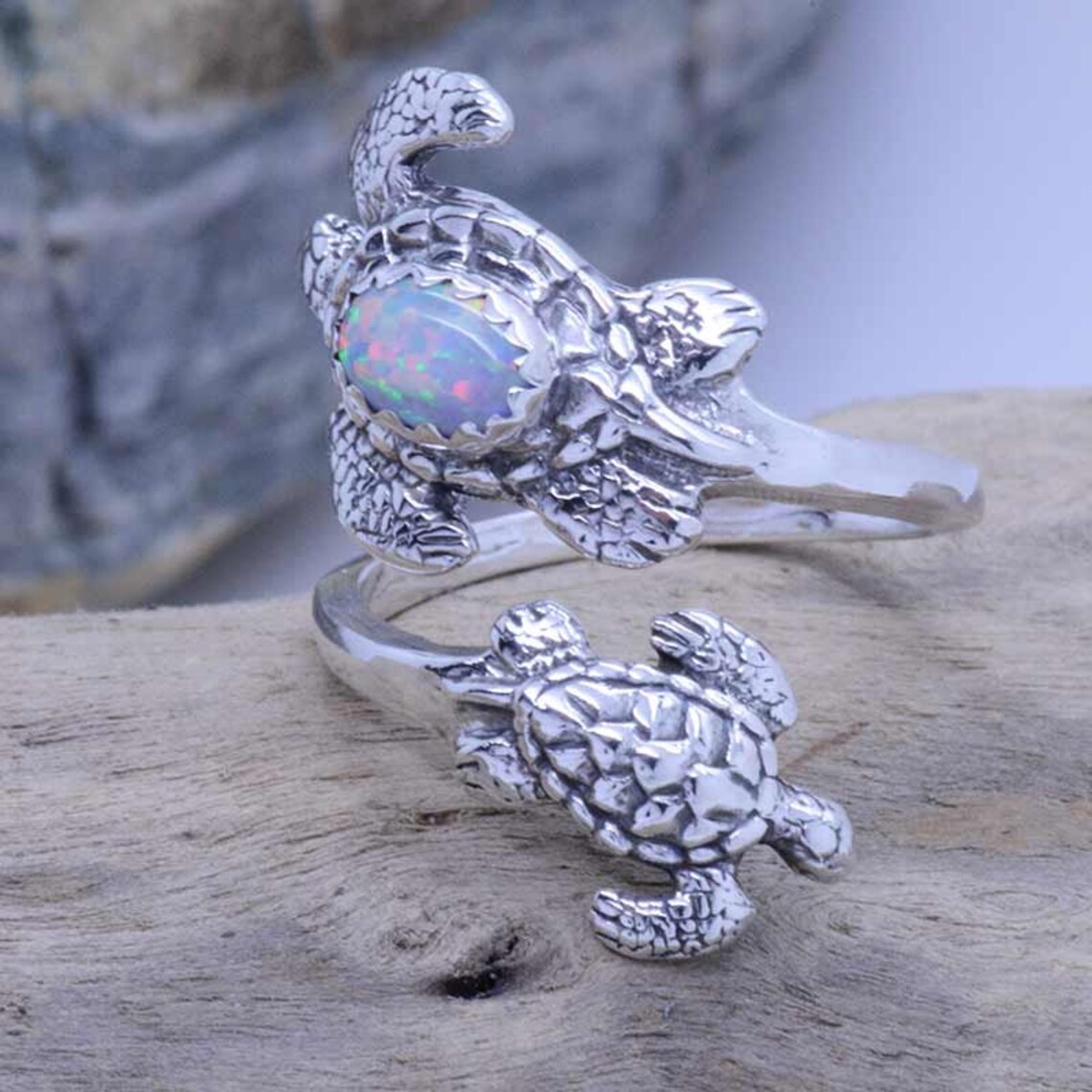 Sea Turtles Adjustable Spoon Ring With Genuine Gemstone of Your Choice ...
