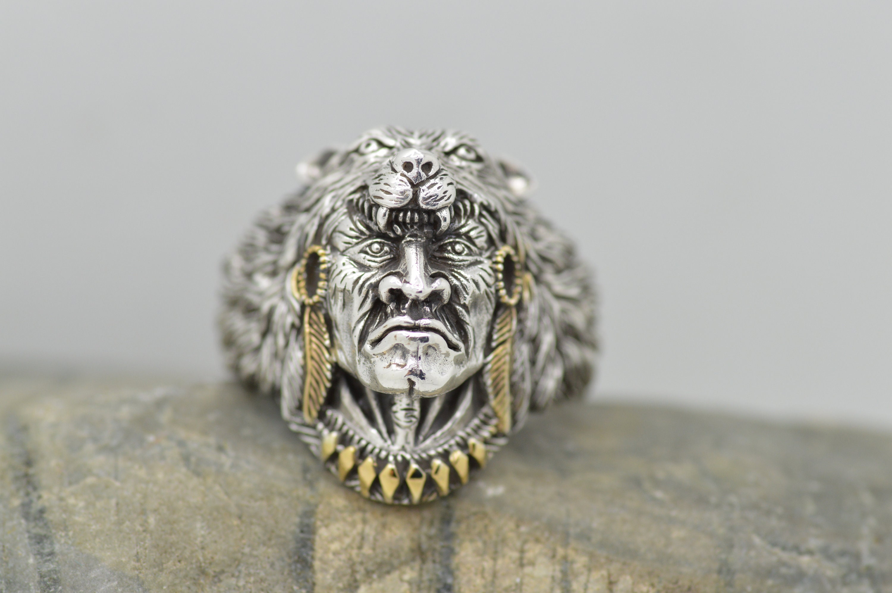 Native American Chief Ring in Sterling Silver 925 and 10k Gold - Etsy ...