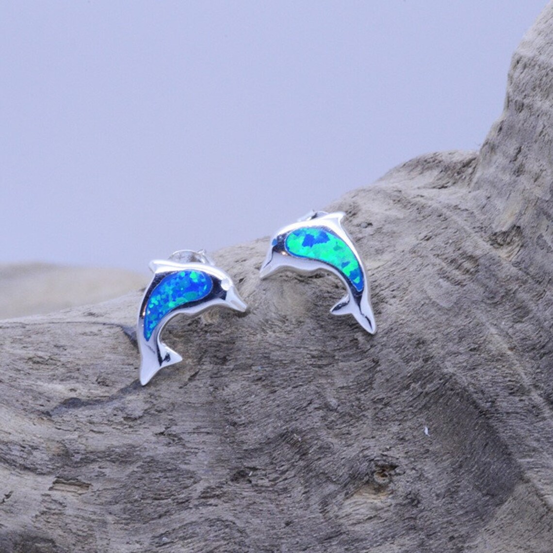 Dolphin Sterling Silver 925 Stud Earrings With Blue or White Opal Inlay ...
