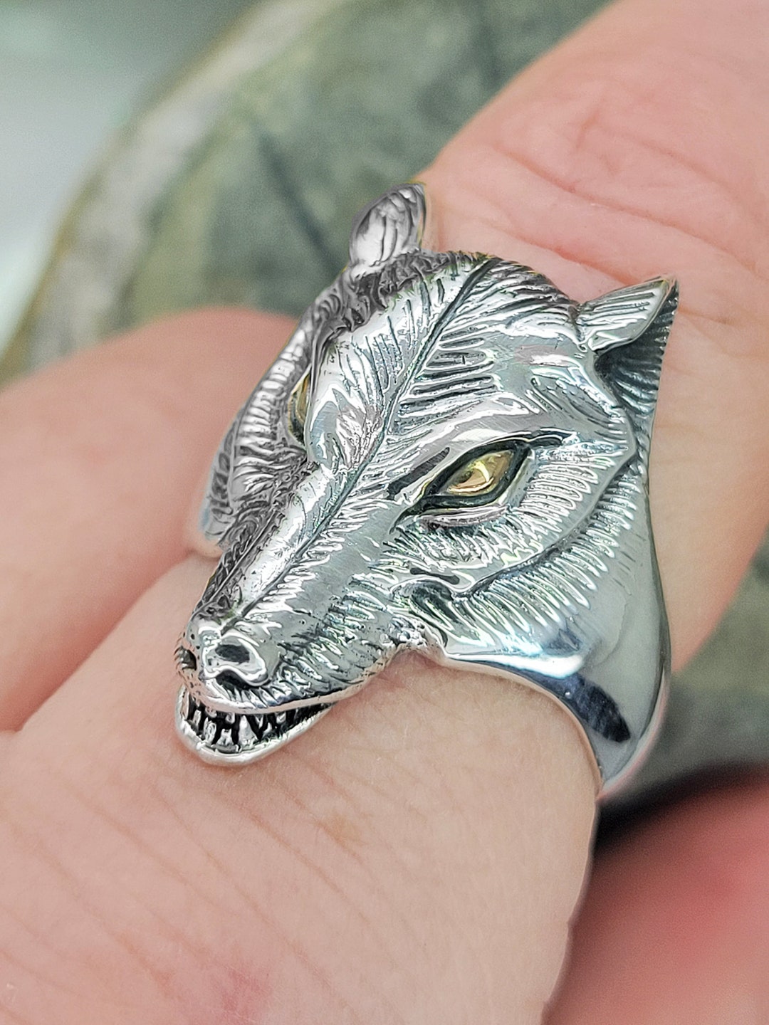 14K Gold Eyes Men's Wolf Head Ring in Sterling Silver 925 Fine Details ...