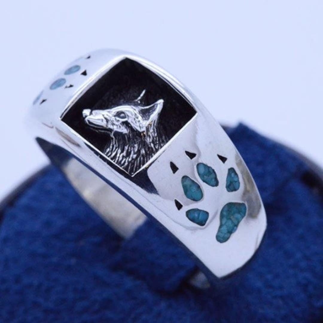 Wolf Ring in Sterling Silver 925 With Turquoise Inlay - Etsy