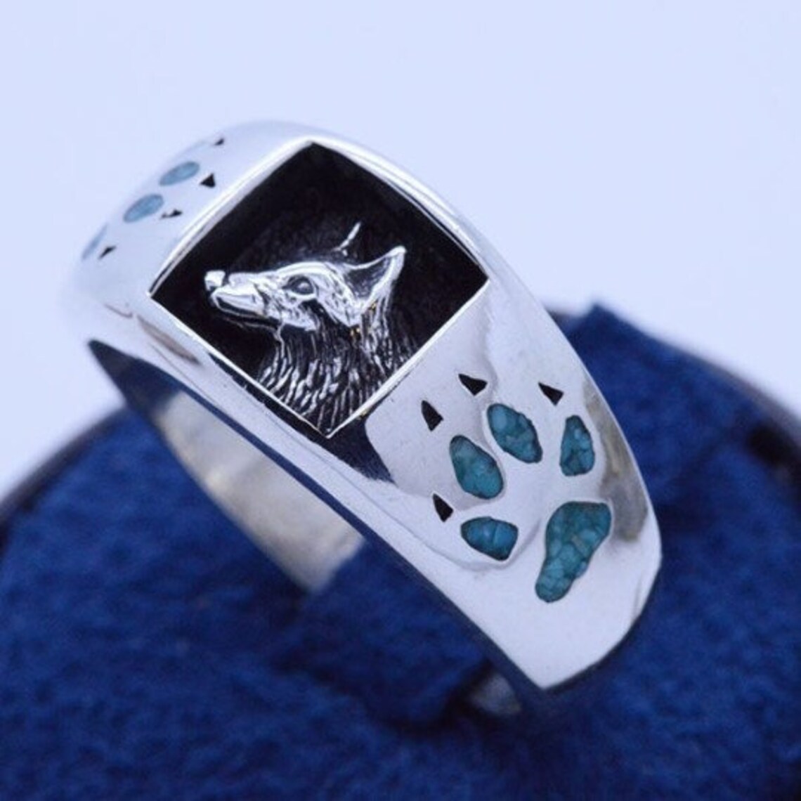Wolf Ring in Sterling Silver 925 With Turquoise Inlay - Etsy Canada