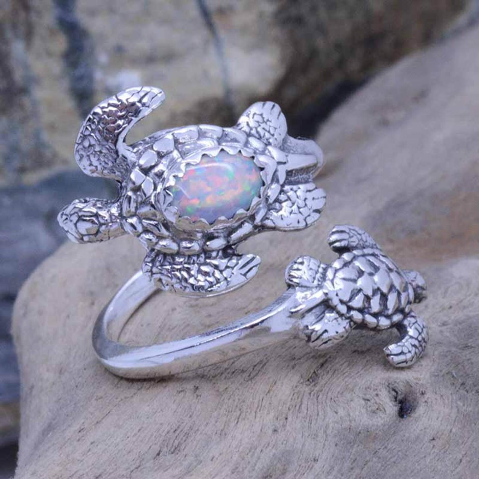 Sea Turtles Adjustable Spoon Ring With Genuine Gemstone of Your Choice ...