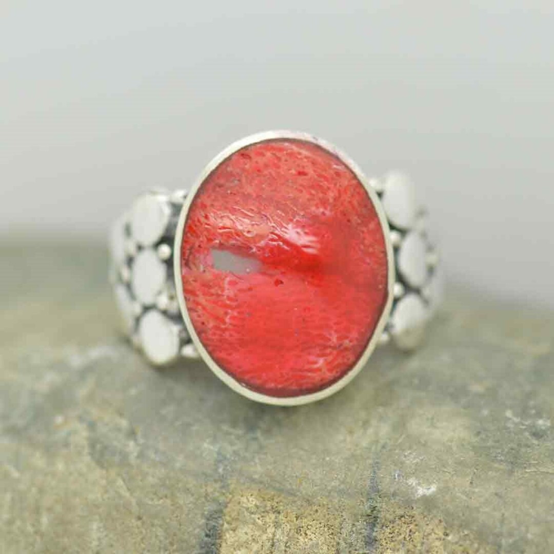 Genuine Red Coral Inlay Ring in Sterling Silver 925 Size 6 7 8 - Etsy
