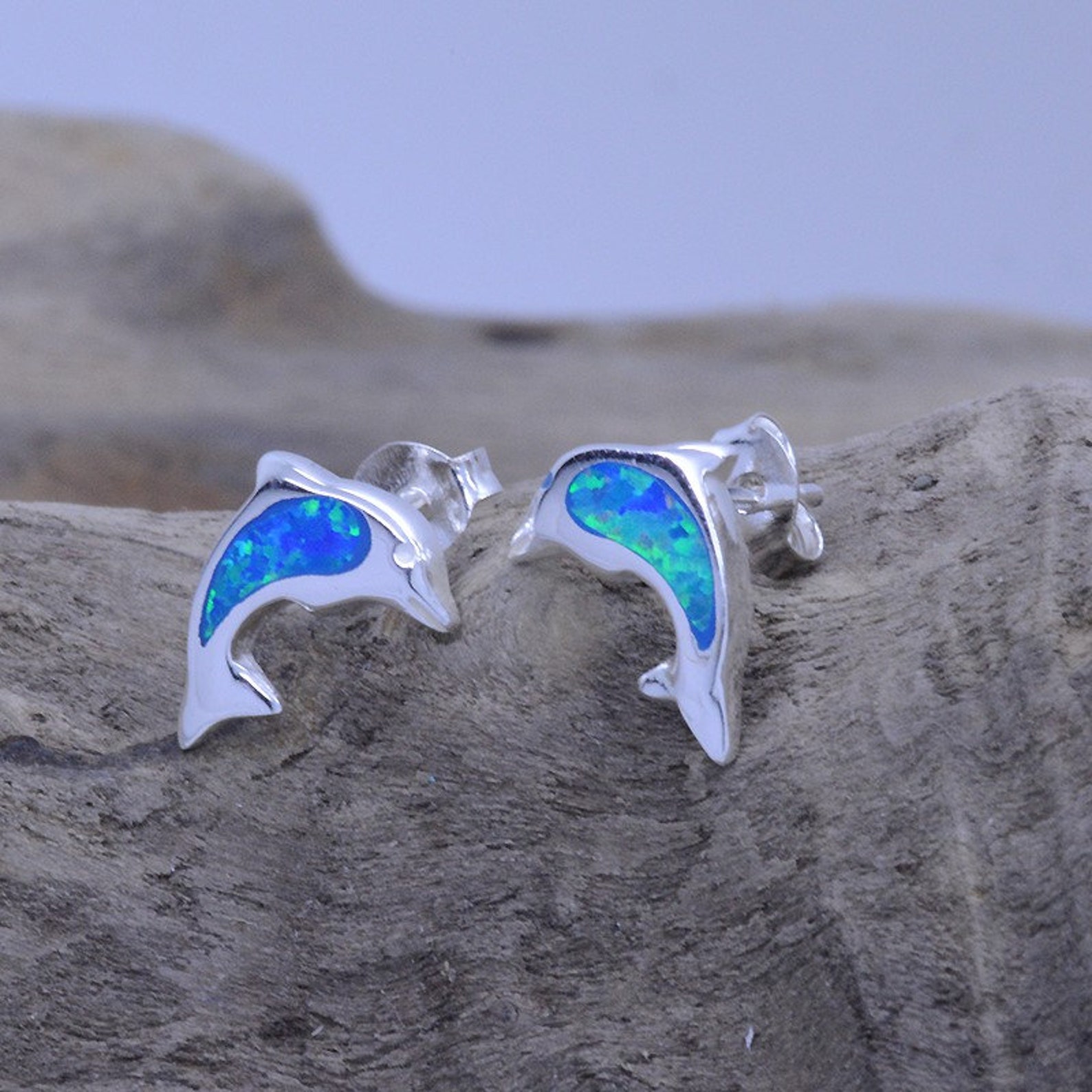 Dolphin Sterling Silver 925 Stud Earrings With Blue or White Opal Inlay ...