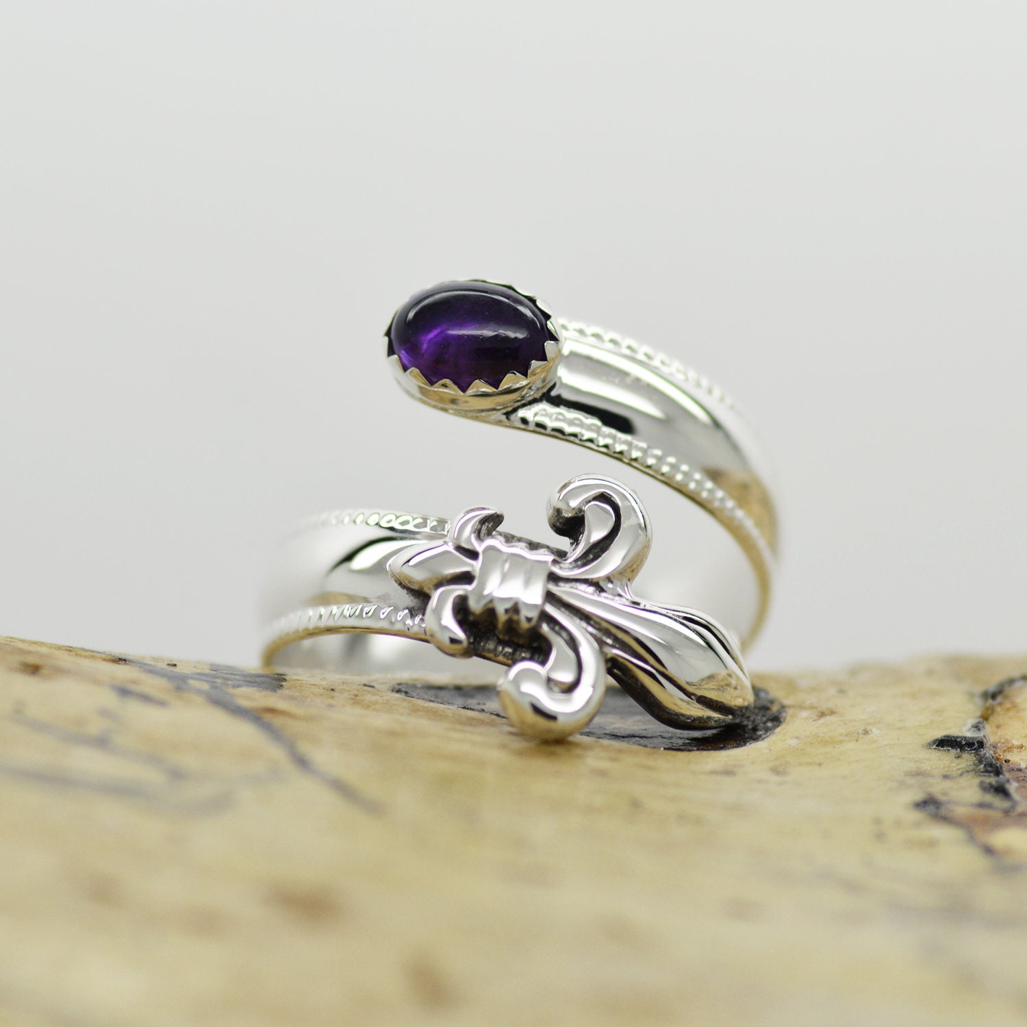 Fleur-de-lis Adjustable Spoon Ring With Amethyst or Other | Etsy