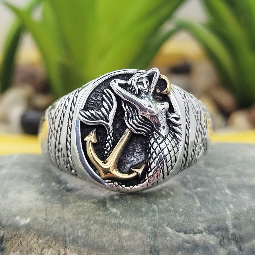 Sailors Mermaid 18k Gold Anchor Ring in Sterling Silver 925 - Etsy