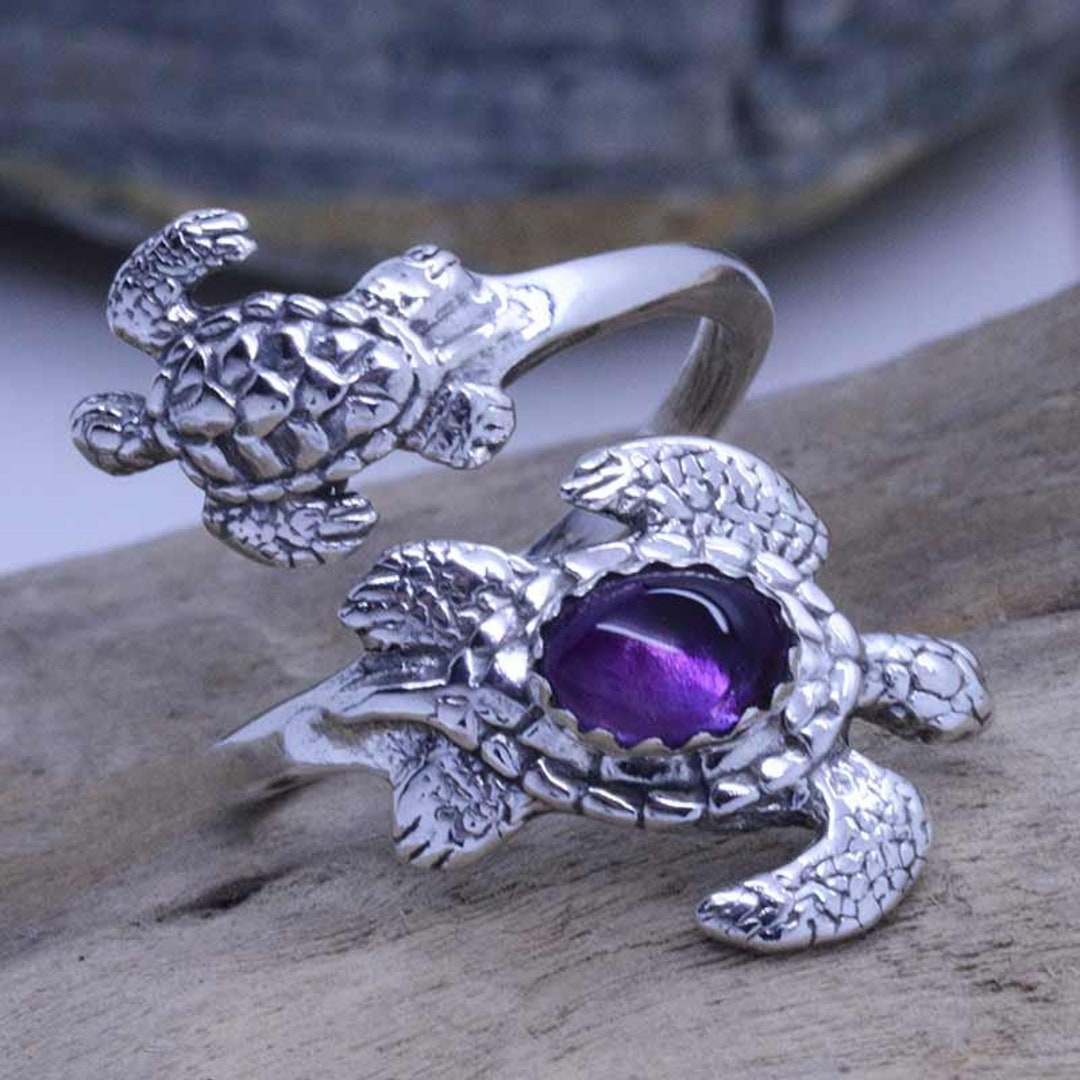 Sea Turtles Adjustable Spoon Ring With Genuine Gemstone of Your Choice ...