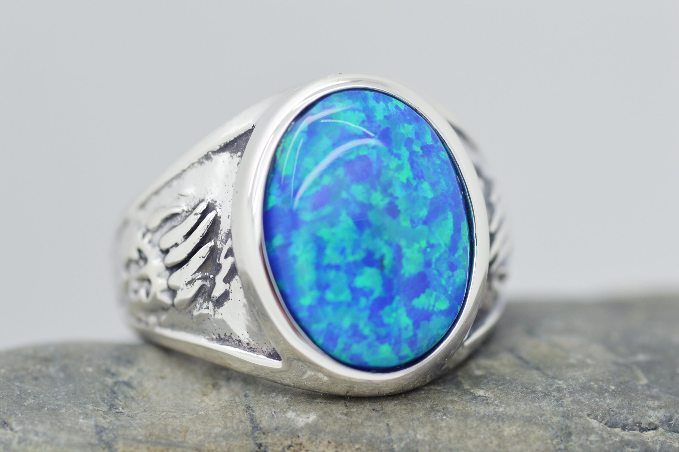 Inlay Blue Fire Opal Ring in Sterling Silver 925 Bear Paw Ring | Etsy