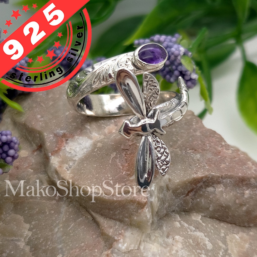 Dragonfly Adjustable Spoon Ring With Amethyst or Other Gemstone for ...