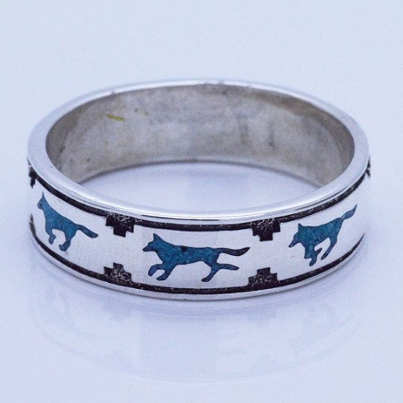 Wolf Band Ring in Sterling Silver 925 With Turquoise Inlay - Etsy