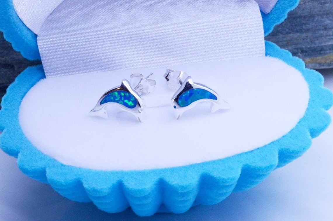 Dolphin Sterling Silver 925 Stud Earrings With Blue or White Opal Inlay ...