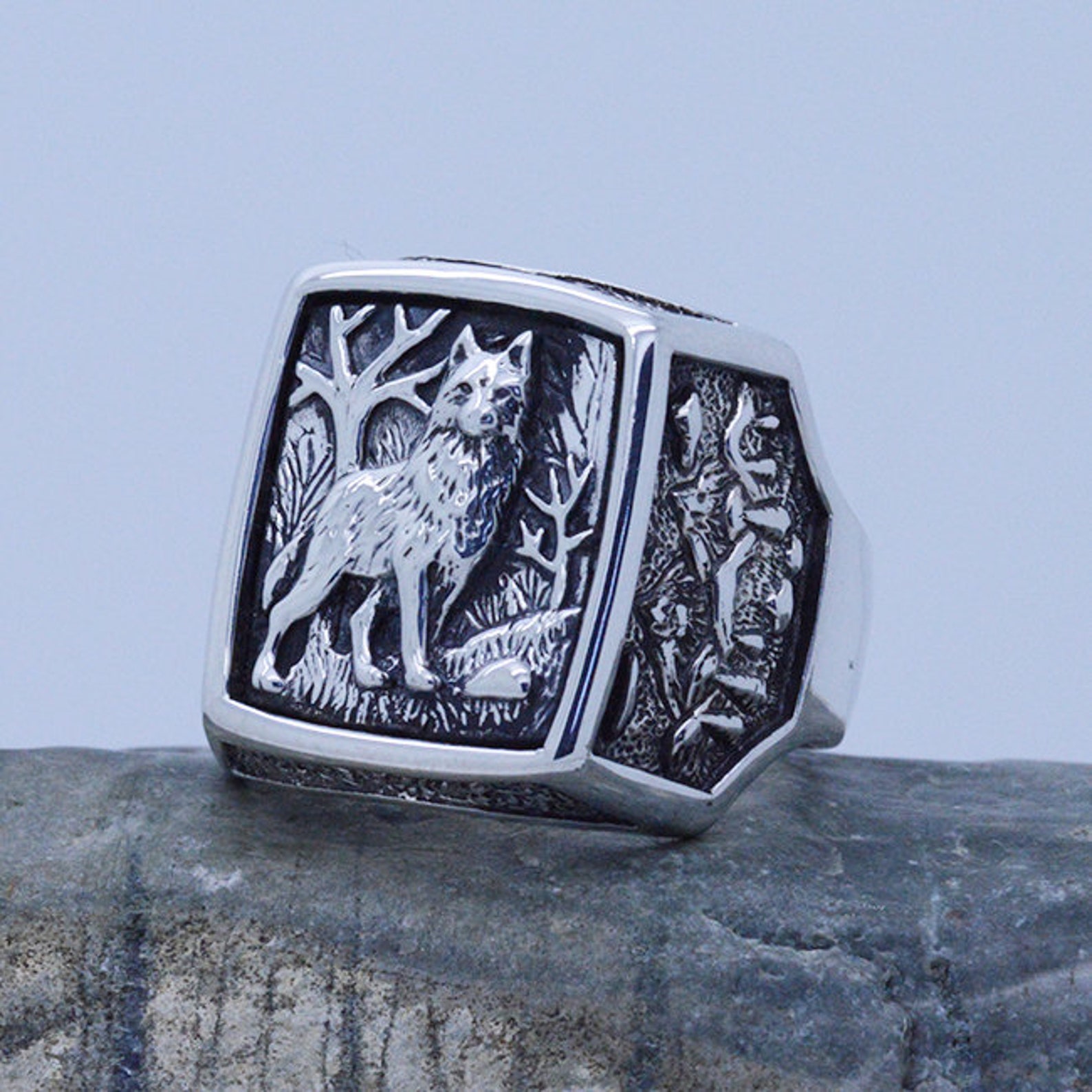Men's Wolf Ring With Wilderness Scenery Ring in Sterling Silver 925 - Etsy