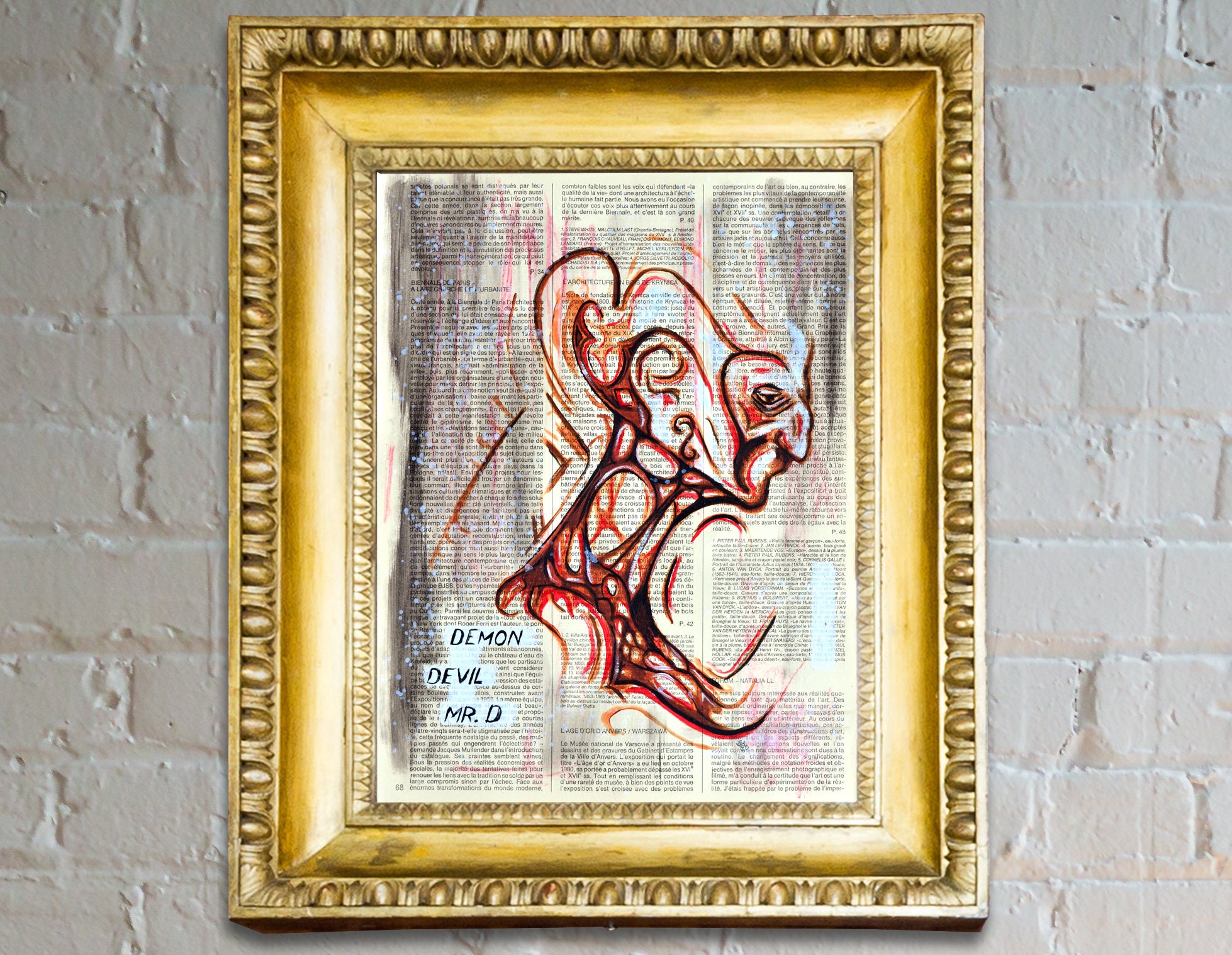 Demon Original Painting Collage Art on Vintage Page, One of A Kind Art ...