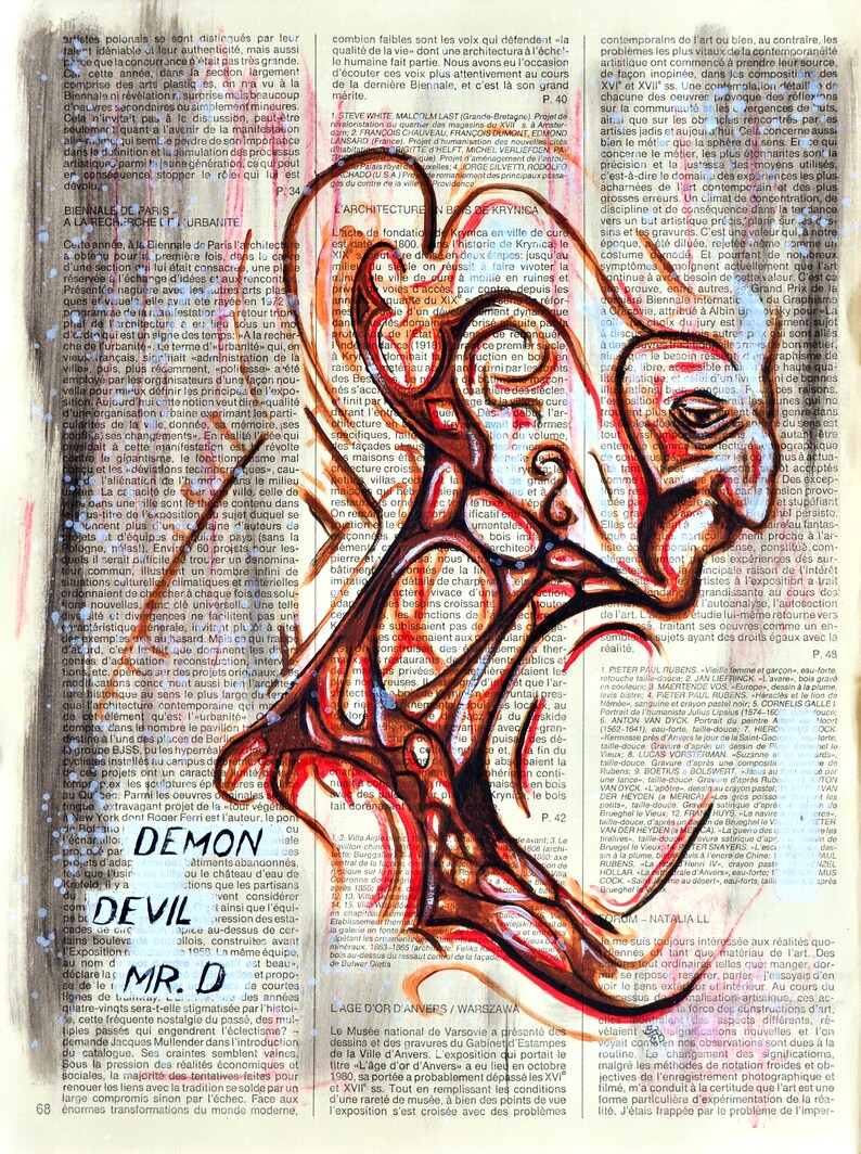 Demon Original Painting Collage Art on Vintage Page One of - Etsy