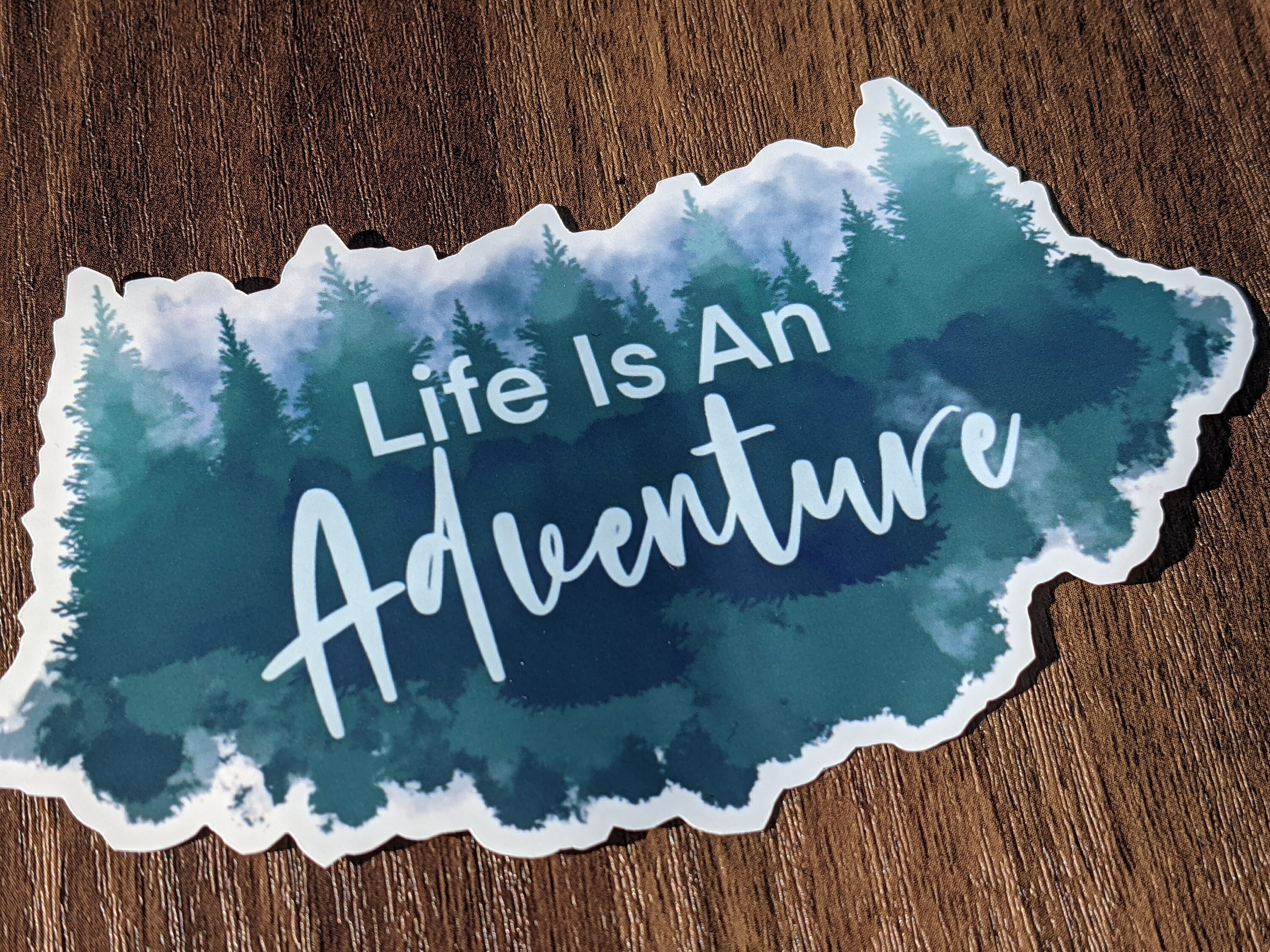 Life Is An Adventure Sticker Art, Foggy Morning Art Sticker, Pine ...