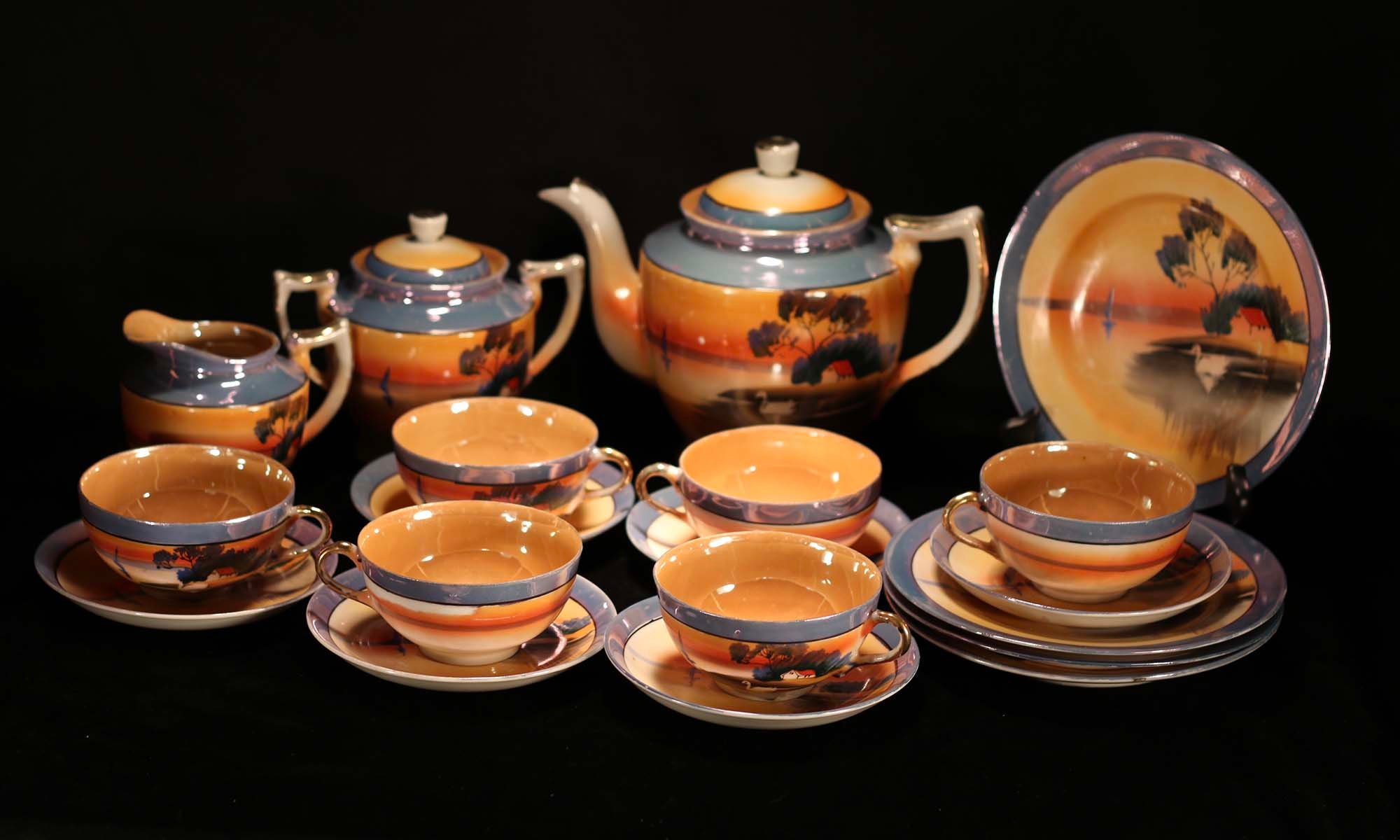 Vintage 1920s blue and peach lusterware Swan on Lake Japanese | Etsy