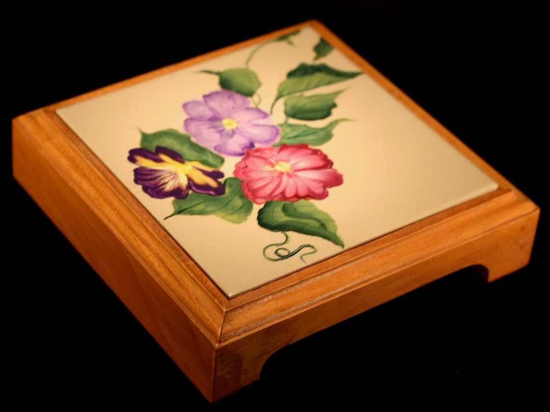 Vintage Hand-painted Ceramic Tile Trivet Wall Art Floral Scene French ...