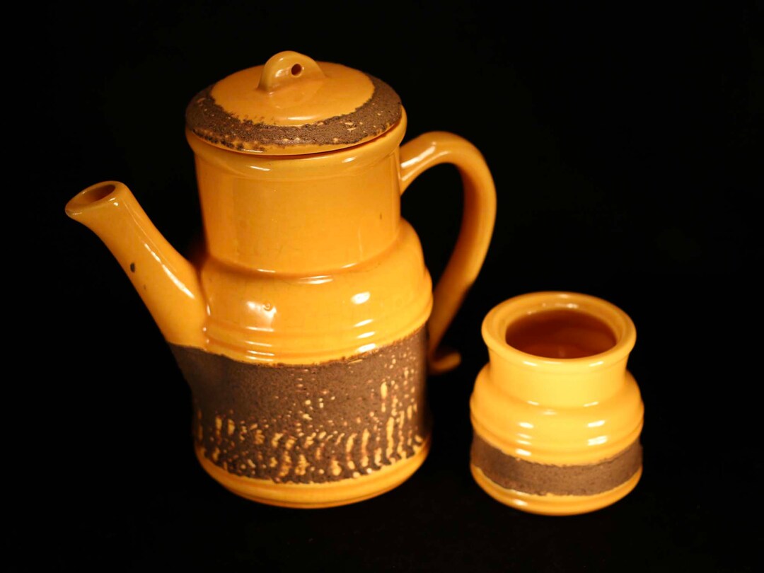 MCM Brutalist Gold Orange Fat Lava Pottery Coffee/tea Pot Sugar Bowl by ...