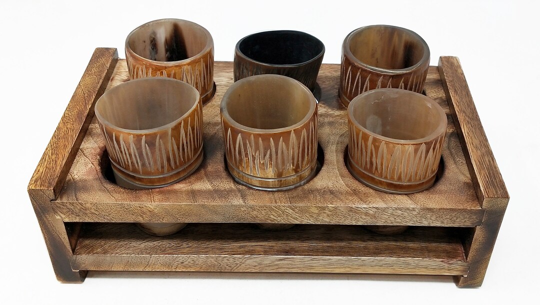 Viking Drinking Horn Shot Cup With Holder, Medieval Style Genuine Ox ...