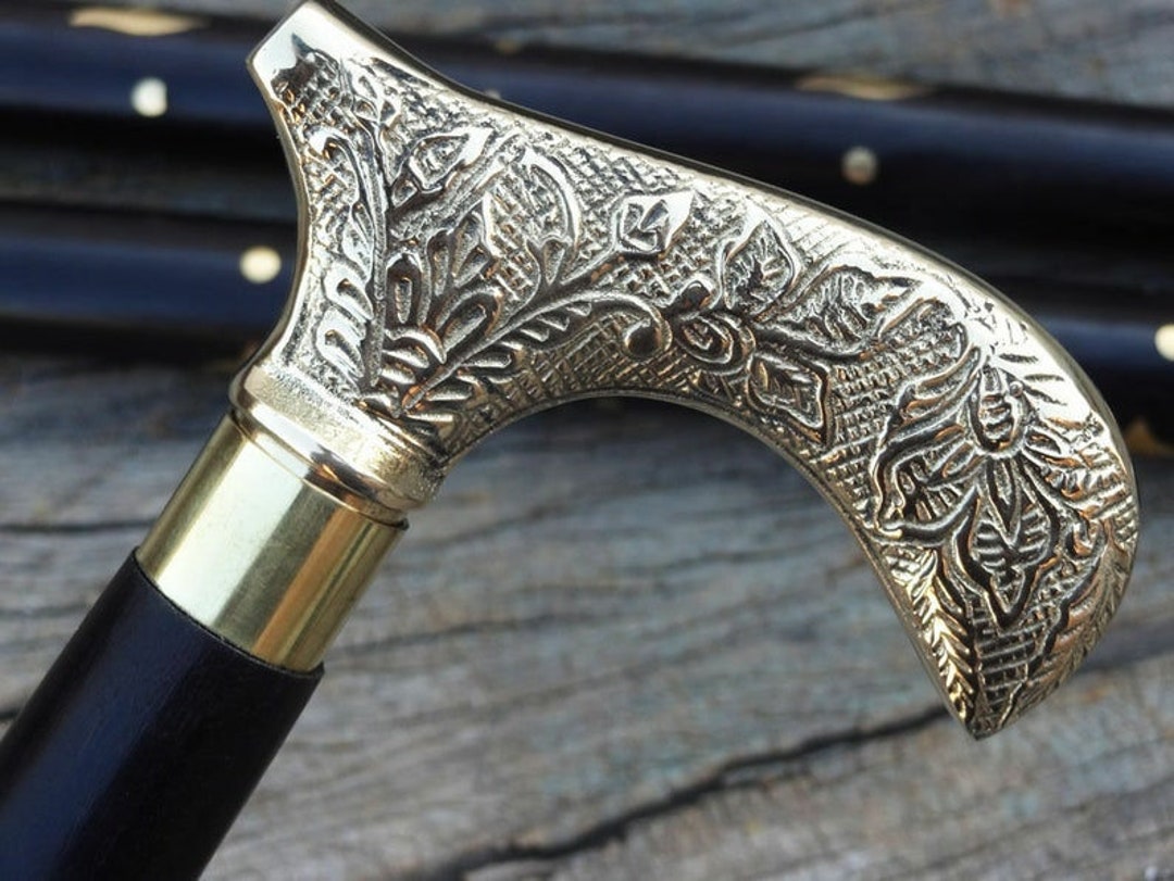 Wooden Vintage Walking Cane Stick Beautiful Brass Head Carved Handle ...