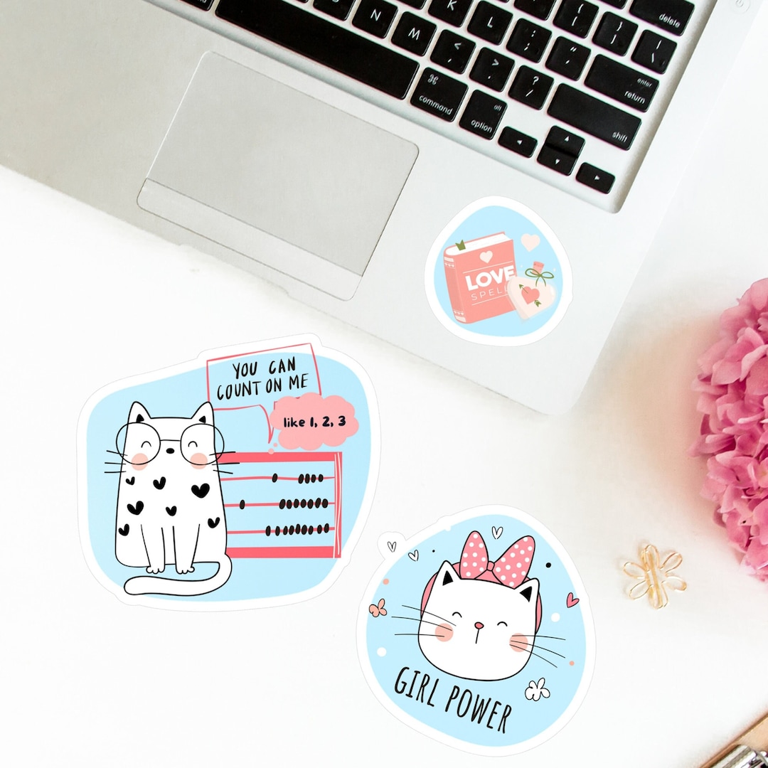 Cute Girl Power Sticker Set | Cute White Cat Stickers Set | Girly Cute ...