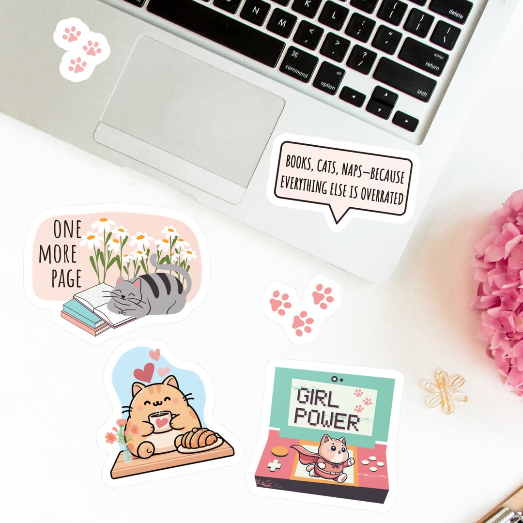 Cats, Books and Naps, Girt Power, Cat Sticker Set Books and Cats Kiss ...