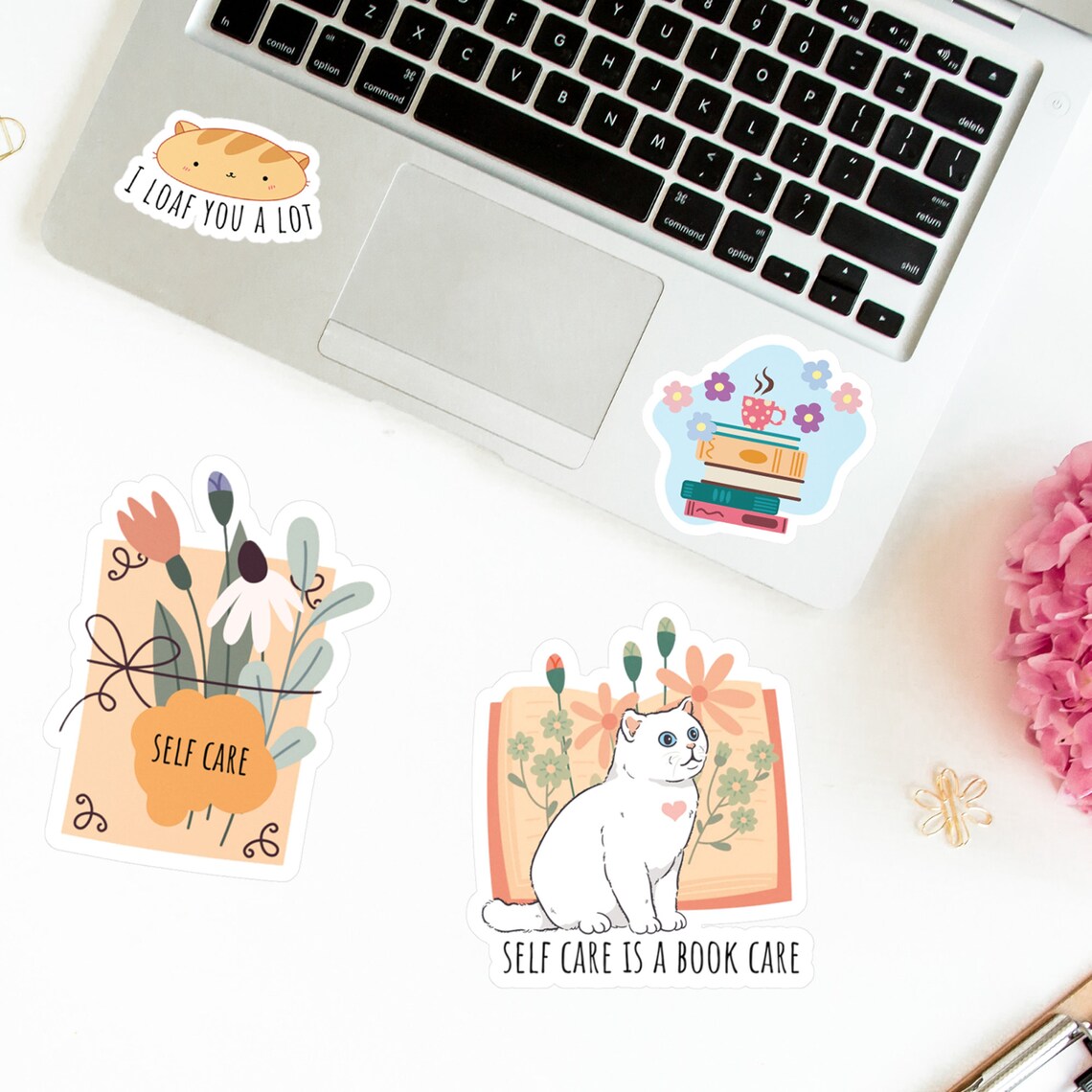 Self Care Cute Books and Cat Stickers Self Care is a Book Care Kiss-cut ...