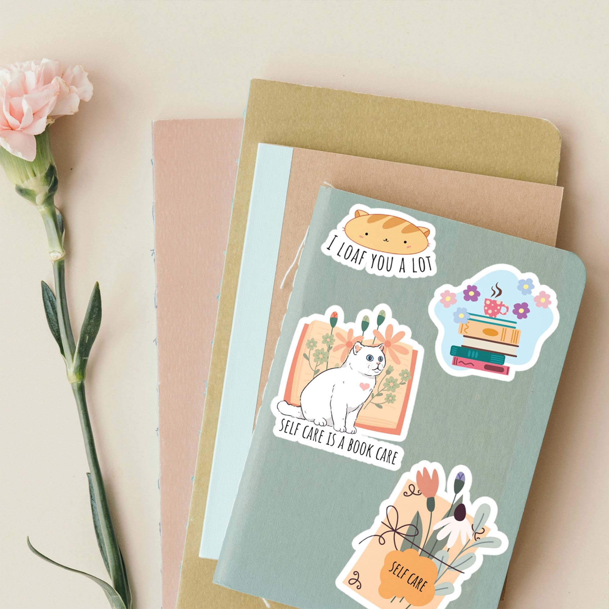 Self Care Cute Books and Cat Stickers Self Care is a Book Care Kiss-cut ...
