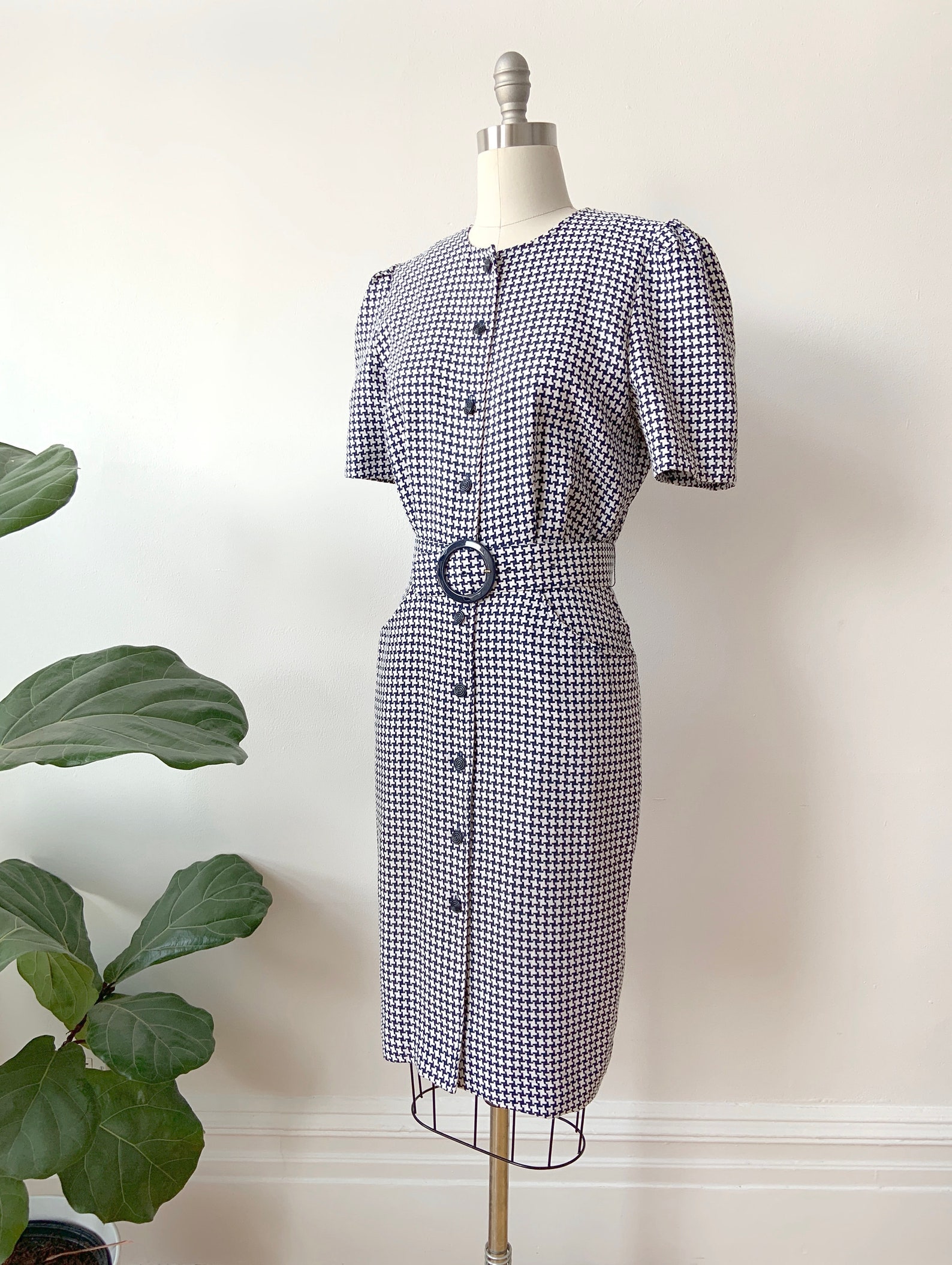 Puff Sleeve Belted Dress in Check Pattern - Etsy