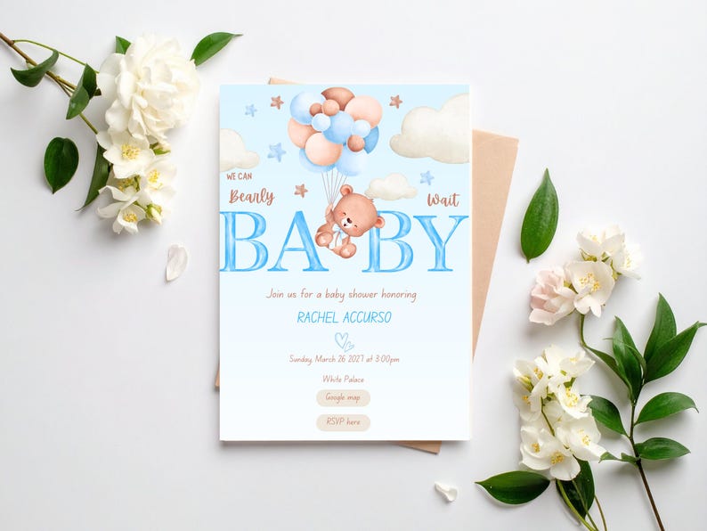 Brown Bear Baby Shower Invitation, Boho Blue Balloon Boy Invite ...