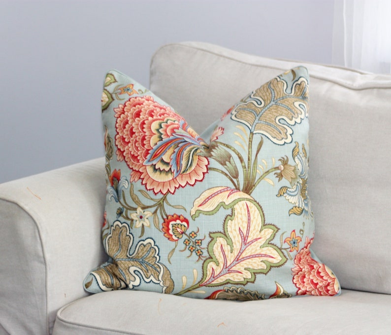 Jacobean Floral Cushion Cover, Duck Egg Blue, Hamptons Style, Linen ...